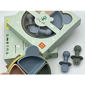 MIX COLOR SILICON BABY FEEDING SET, BABY EATING SUPPLIES, BABY LED WEANING SUPPLIES (Blue Beige Green)