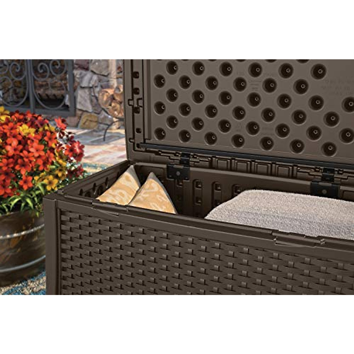 Suncast 30 Gallon Resin Outdoor Patio End Table Storage Box, Java