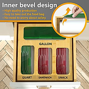 Ziplock Bag Storage Organizer for Drawer - Bamboo Kitchen Food Storage Bag Organizer Holders, Gallon Quart Snack Sandwich and Slider Bag Dispenser, Compatible with Ziploc Hefty Glad Solimo and More