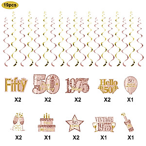 Turypaty Pink Gold 50th Birthday Decorations Hanging Swirls for Women, Rose Gold Happy 50th Birthday Vintage 1975 Foil Swirls Party Supplies, Fifty Year Old Birthday Ceiling Decor