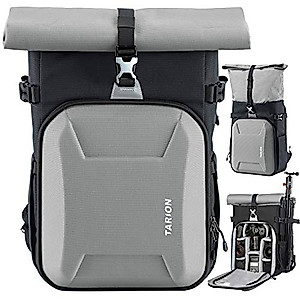TARION XH Camera Bag Hard Shell Camera Backpack Hardcase Camera Bag Roll Top DSLR Backpack Bag with 15" Laptop Compartment Waterproof Raincover for Cameras Lens Tripod Outdoor Men Women Color Silver