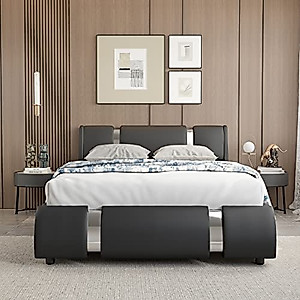 Modern Full Size LED Bed Frame, Upholstered Platform Bed Frame with Adjustable Headboard, Wooden Slats Support, No Box Spring Needed, Black