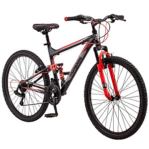 Mongoose Status 2.2 Mountain Bike for Men and Women, 26-Inch Wheels, 21-Speed Shifters, Aluminum Frame, Front Suspension, Black/Red