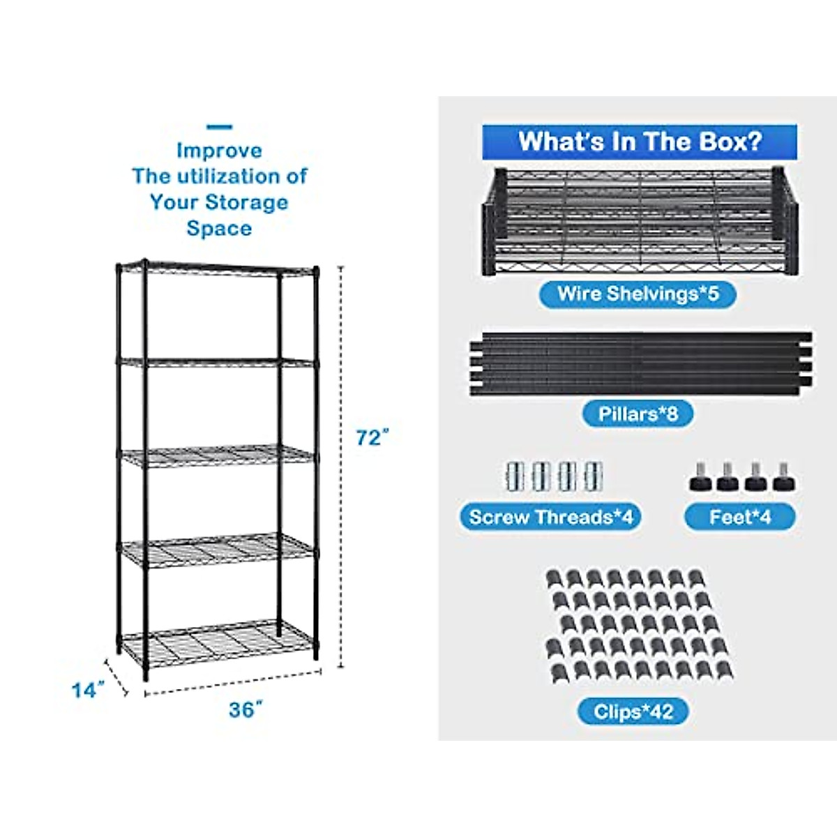 5-Tier Metal Wire Shelving Unit Kitchen Shelf Organizer Garage Storage Rack Utility Shelf Snack Shelf, NSF Certified Storage Shelves for Storage, Garage Shelving Kitchen Storage Shelf Pantry Shelves