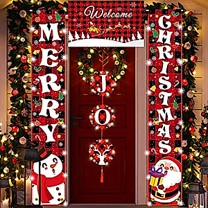 4 Pcs Christmas Holiday Door Banner with String Light Red Black Buffalo Plaid Outside Xmas Decorations Welcome Joy Merry Christmas Banner Lights Hanging Winter Porch Decorations Indoor Outdoor Party