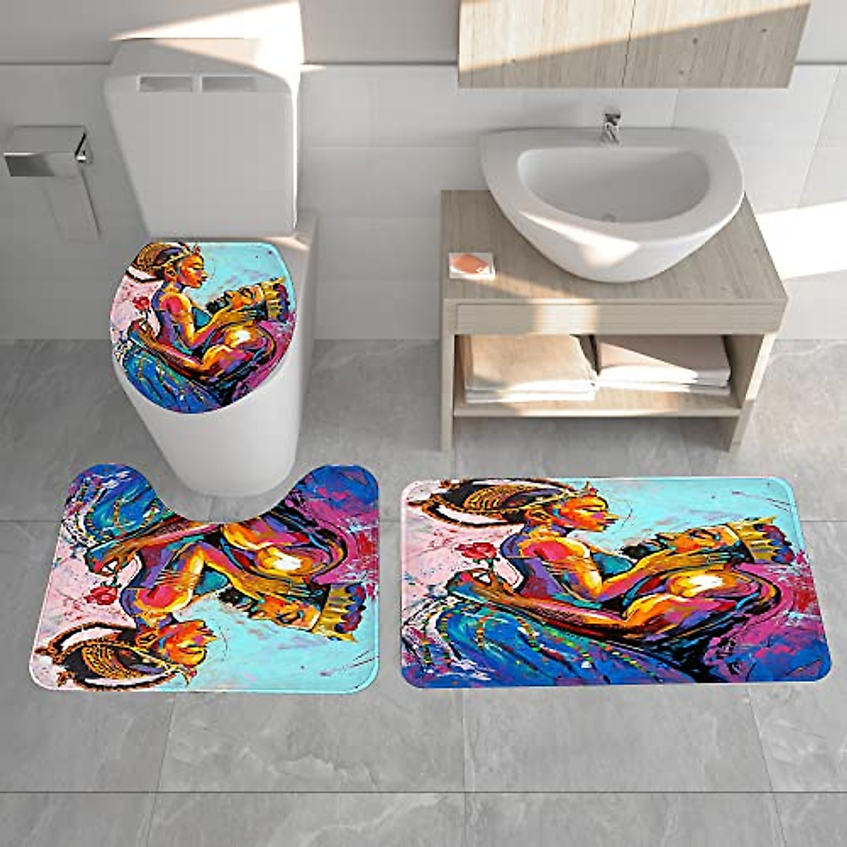 NMPPTM 4 Pcs Sets King African American Lovers Couple Colorful Painting Shower Curtain with Non-Slip Rugs, Toilet Lid Cover and Bath Mat,Durable Waterproof Shower Curtain