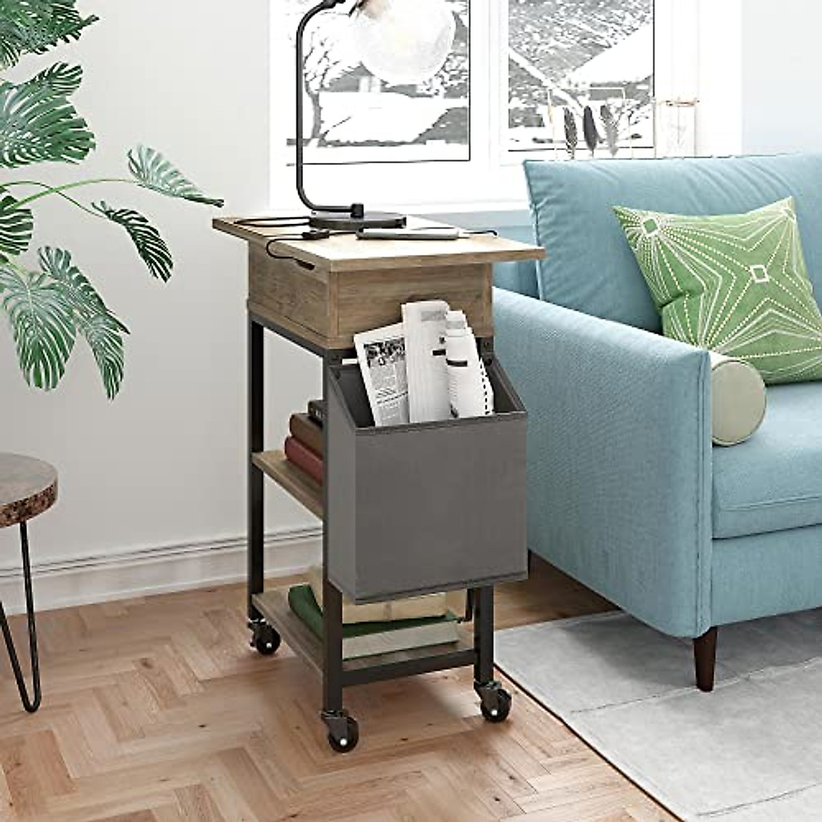 Fameill Narrow End Table with Charging Station Flip Top Bedside Tables for Small Spaces Living Room Bedroom Mobile Sofa Side Table with Storage Shelf for Living Room Bedroom,Greige