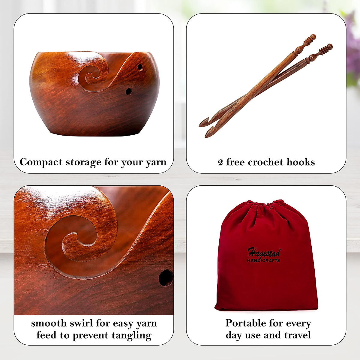 Yarn Bowl large 7 inch by 4 inch with free travel pouch and crochet hooks. Perfect Yarn Holder for Knitting and Crocheting