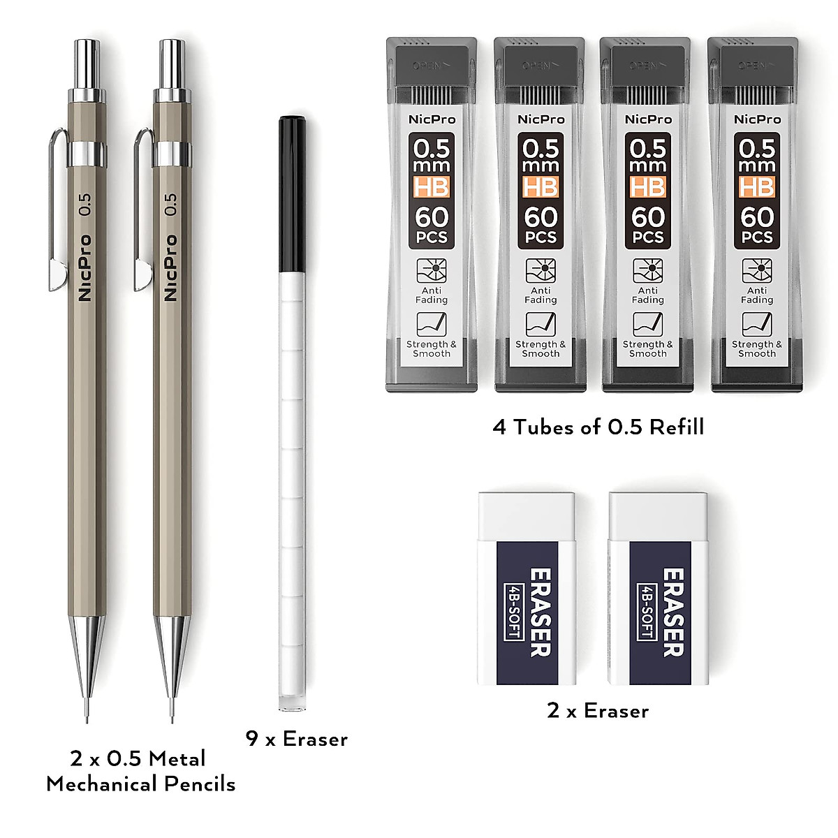 Nicpro 2 PCS 0.5 mm Metal Mechanical Pencils Set, Drafting Pencil for Artist Writing, Sketching, Drawing, with 4 Tubes HB Lead Refill & Erasers, Erasers Refills & Storage Case