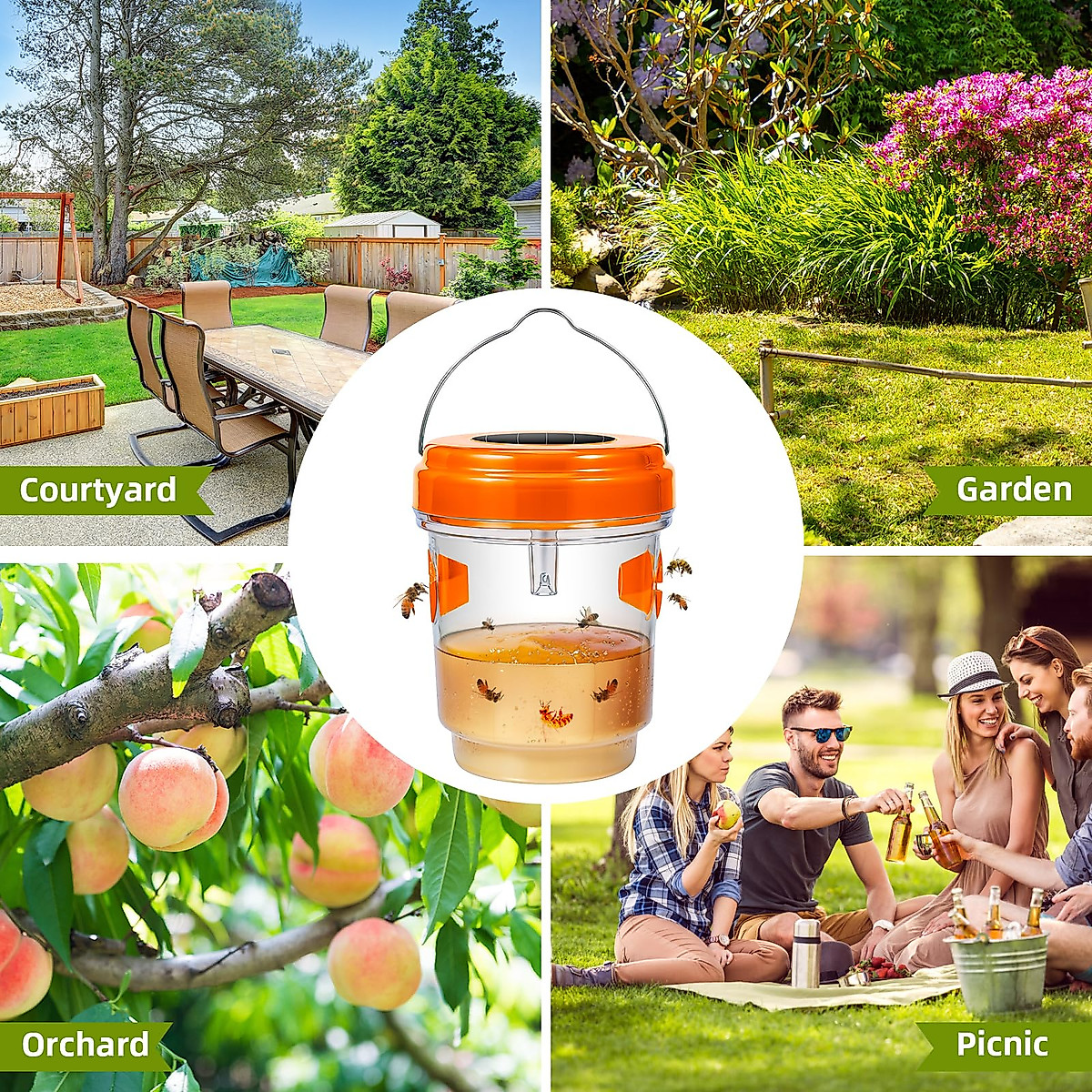 2024 Upgrade Wasp Traps Outdoor Hanging,Solar Powered LED Bee Traps for Outside Wasp Deterrent Killer Carpenter Bee Catchers for Outside,Flying Insect Trap Reusable Yellow Jacket Hornet Catcher,4 Pack