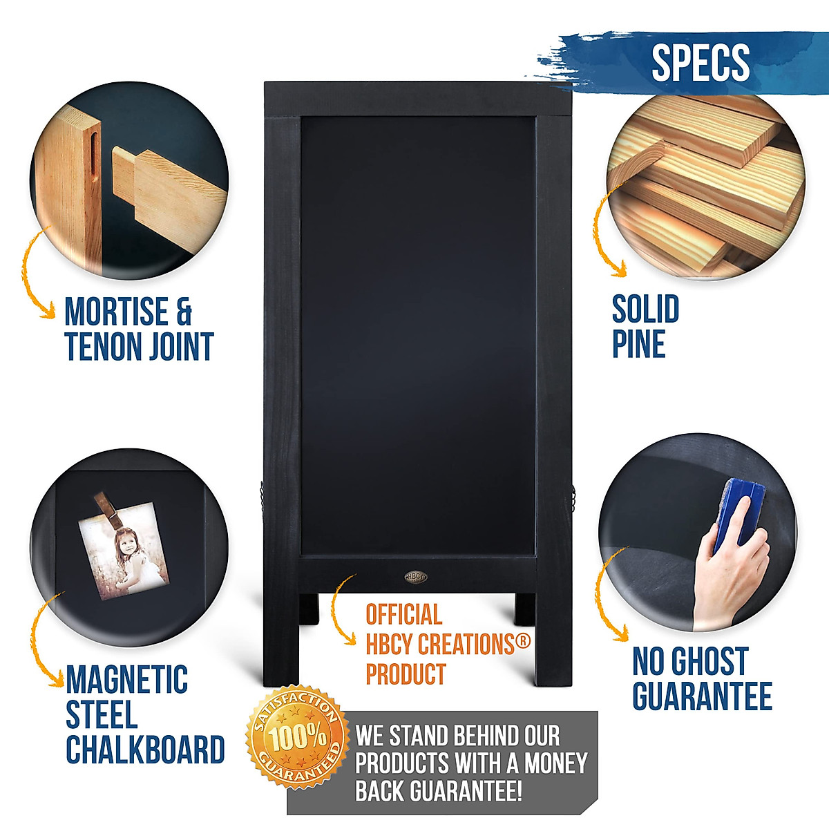 A Frame Chalkboard by HBCY Creations: 40x20 Solid Wood A-Frame Sign Black Double-Sided Magnetic Board, Chalkboard Menu Board, for Restaurants, Cafés, Weddings - Heavy Duty Hinges