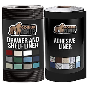 Gorilla Grip Ribbed Drawer Liner and Adhesive Removable Liner, Ribbed Liner Size 12x20, Waterproof Liner for Drawers, Adhesive Liner Size 17.5x20, Book Cover, Both in Black, 2 Item Bundle
