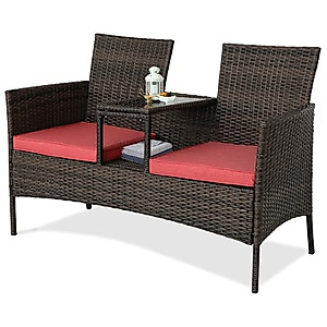 BPTD Outdoor Patio Loveseat Patio Furniture Set Rattan Patio Bistro Set Wicker Conversation Furniture Sets with Cushios and Built-in Coffee Table for Balcony, Lawn, Backyard (Brown/Red)