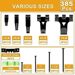 KURUI Picture Hangers, 385Pcs Picture Hanging Kit with Heavy Duty Picture Hanging Hooks, Sawtooth, Hardware Nails and Picture Hanging Tool, Wall Hangers for Frame, Painting, Art, Photo (Black)