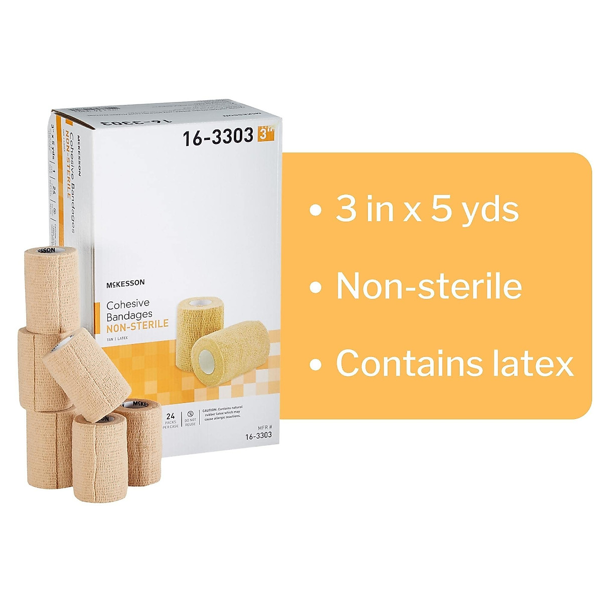 McKesson Cohesive Bandages, Non-Sterile, Contains Latex, 3 in x 5 yds, 1 Count, 24 Packs, 24 Total