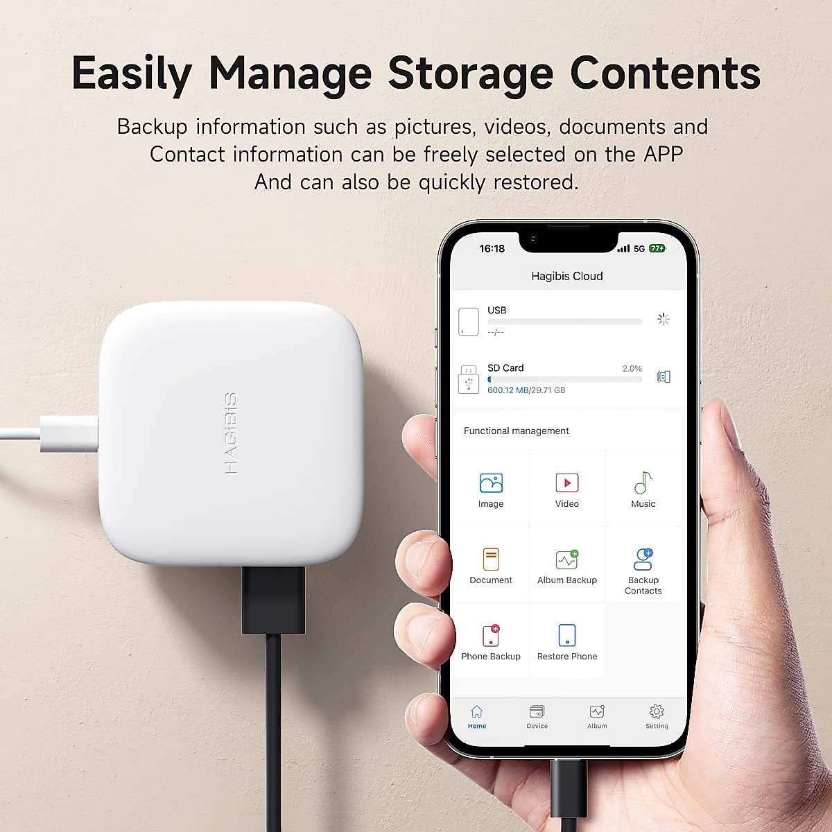 Hagibis Phone Backup Device Cube Auto Backup Photo Storage Photo Stick Picture Video Memory USB Backup Stick for iPhone 15 14 13 12 11 XS Pro Max Mini SE, iPad Pro/Mini, Samsung, Android and Tablet