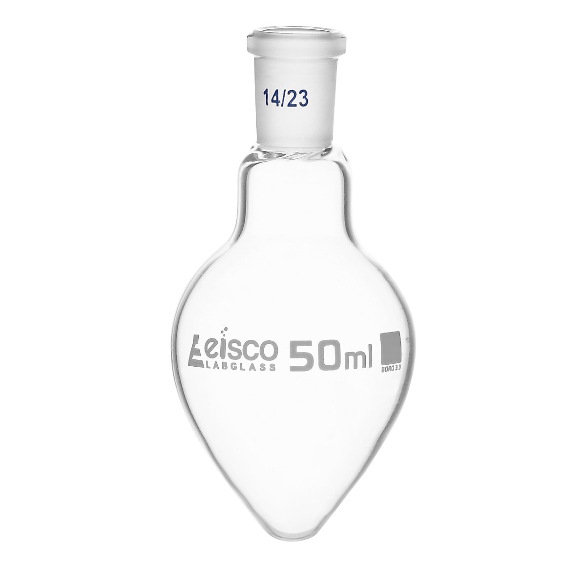 EISCO Boiling Flask, 25ml - 14/23 Interchangeable Joint - Borosilicate Glass, Pear Shape - Short Neck