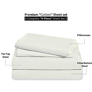 4 Piece Premium Sheet Set Cotton Queen, 100% Egyptian Cotton, 400 Thread Count, 15 Inch Deep Pocket of Cotton Sheets, Ivory Solid