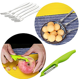 Coralpearl Garnish Shape Tool Set for Fruit Vegetable:Melon Baller Scoop,Apple Corer Slicer Remover,Carving Cutter Knife,Dig Pulp Separator,Citrus Lemon Peeler,Chopping Board,Forks Kitchen Gadget (9)