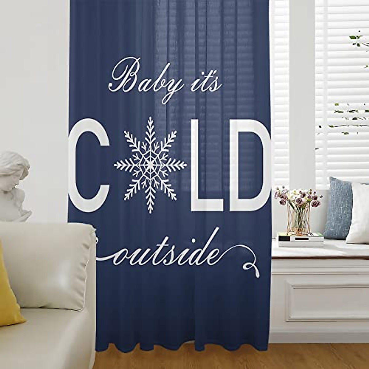 Sheer Curtains Light Filtering Window Curtains 45 inch Length, Christmas Semi Sheer Curtain Panel Voile Drapes for Kitchen/Bedroom/Living Room/Sliding Door 52"x45" Cold Winter Snowflakes Blue Backdrop