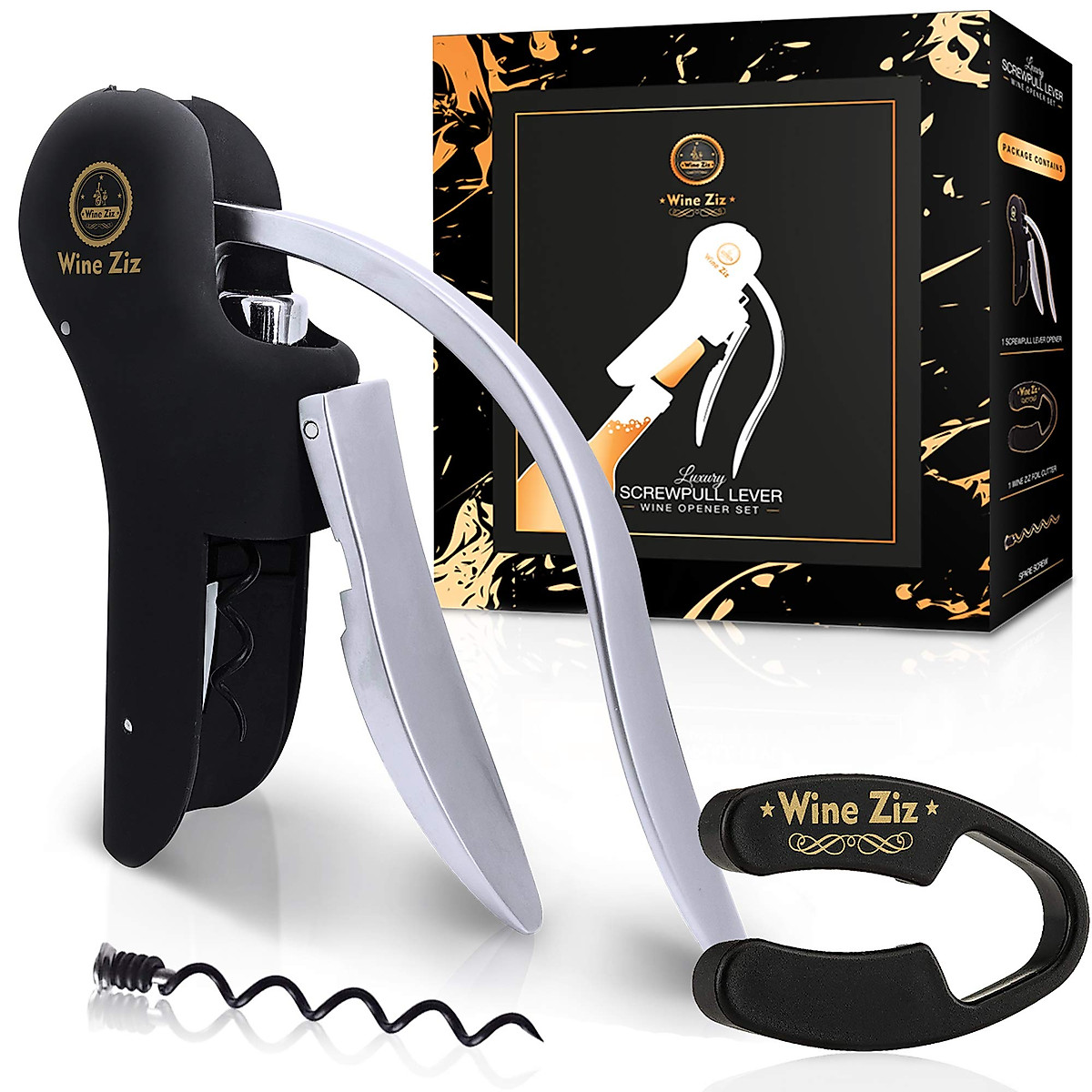 Wine Ziz Black Screw-pull Lever Corkscrew Wine Bottle Opener Set with Bonus Foil Cutter Tool and Extra Spare Corkscrew Spiral, Heavy-Duty Metal Manual Cork Screw, Best Wine Gift Kit (Silver)