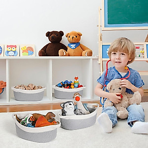 4 Pack Small Woven Basket with Handles, Cotton Rope Room Shelf Storage Basket, Cute Baby Gift Basket for Nursery, Bedroom - Cat Dog Toys Basket, Empty Decorative Gift Chest Box, All 12"x 8"x 5",Grey