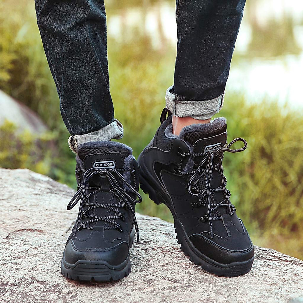 Fheaven Men's Snow Boots Lace Up Combat Booties Water Resistant Anti-Slip Sole Warm Fur Lined Winter Ankle Booties