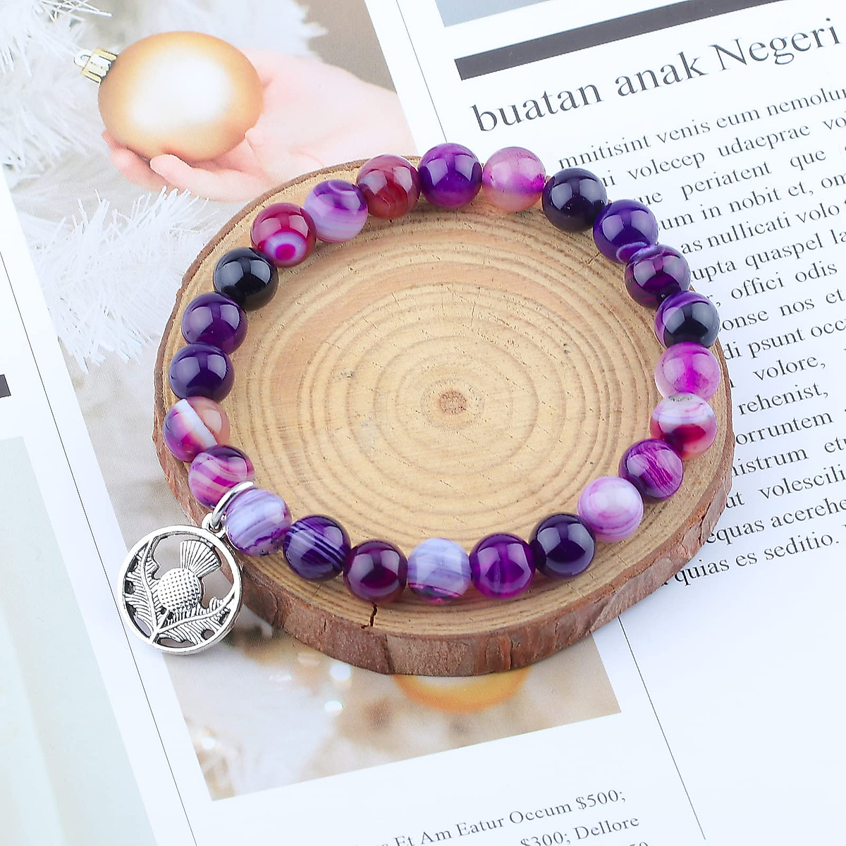 ARHTF Sassenach Gift Scottish Thistle Bracelet,Celtic Thistle Charm Thistle Blessing Amethyst Beads Thistle Flower Jewelry,Scottish Thistle Jewelry for Women (Purple Thistle)
