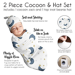 Sweet Jojo Designs Moon Star Baby Boy Girl Cocoon and Beanie Hat Set Jersey Stretch Knit Sleeping Bag Infant Newborn Nursery Sleep Wrap Sack - Navy Blue Gold Watercolor Celestial Sky Gender Neutral