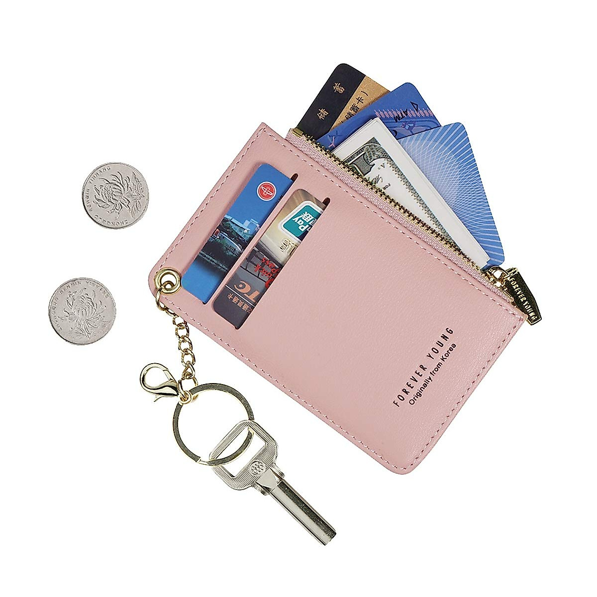 Small Wallets for Women Slim Leather Card Case Holder Wallet Coin Change Purse with Keychain (Light pink)