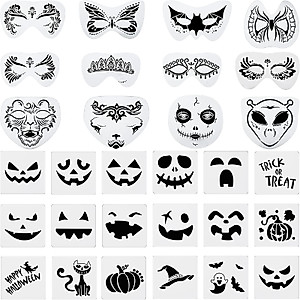 40 Pieces Halloween Face Stencils Kit 12 Pieces Reusable Large Face Paint Stencils Body Painting Template 18 Pieces Halloween Tattoo Stencils 10 Pieces Painting Brushes for Kid Adult Halloween Party
