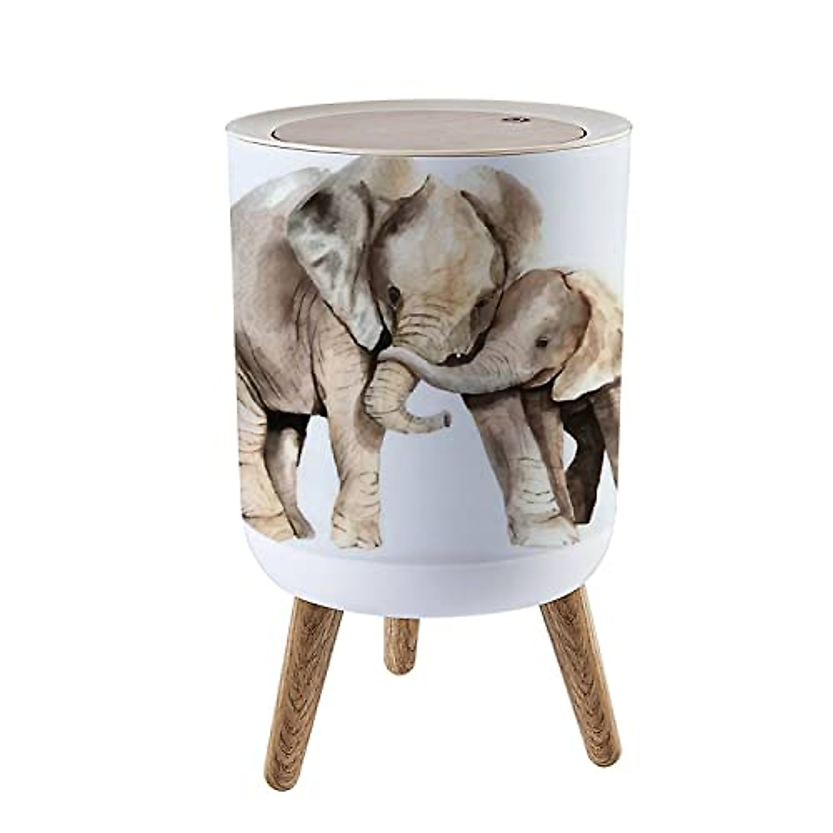 IBPNKFAZ89 Small Trash Can with Lid Watercolor Animals African Elephant with a Kid Sketch Garbage Bin Wood Waste Bin Press Cover Round Wastebasket for Bathroom Bedroom Kitchen 7L/1.8 Gallon