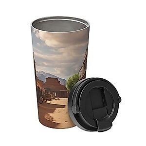 GTKSYNVE Reusable Coffee Mug with Lid and Handle, Old Wild West Cowboy Town Tumbler for Hot & Cold Drinks 16oz Stainless Steel Insulated Coffee Tumblers Double Wall Vacuum Thermal Cup