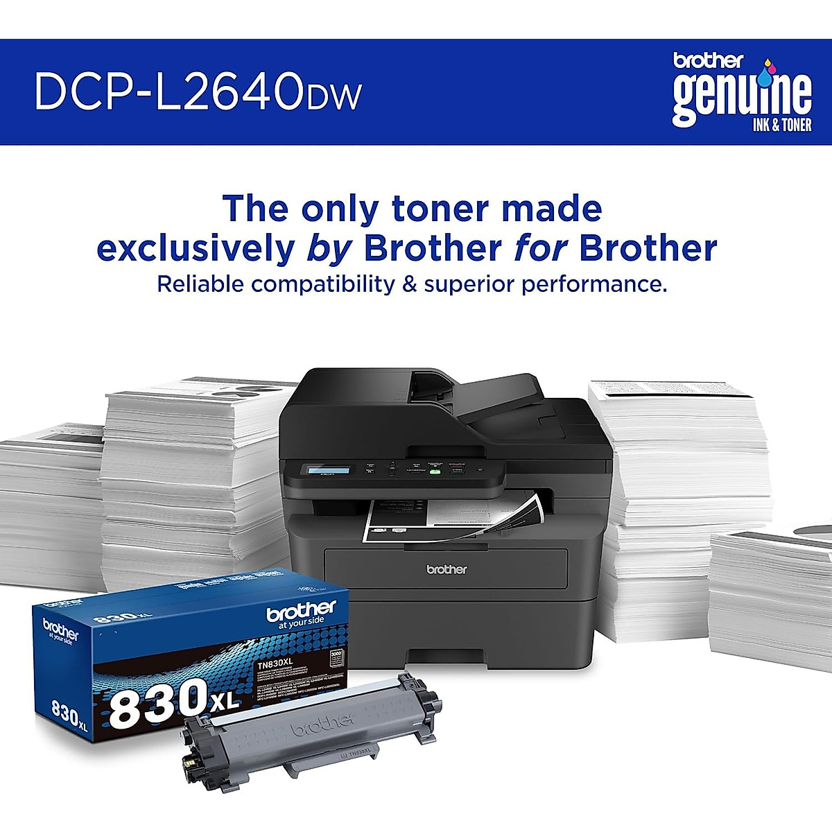 Brother DCP-L25 Series Monochrome All-in-One Laser Printer for Home Office, Print, Scan, Copy, Wireless, 36 ppm, 2400 x 600 dpi, Automatic Duplex Printing, with MTC Printer Cable