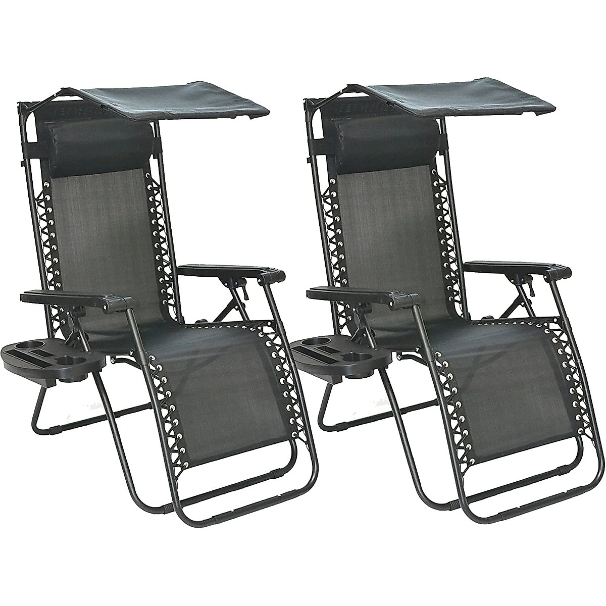 BTEXPERT CC5044B-2 Zero Gravity Chair Lounge for Relaxing, Outdoor Patio Beach Yard Garden Sunshade Utility Tray Cup Holder Case Pack (Set of 2 pcs), Two Piece, Alloy Steel, Black with Canopy