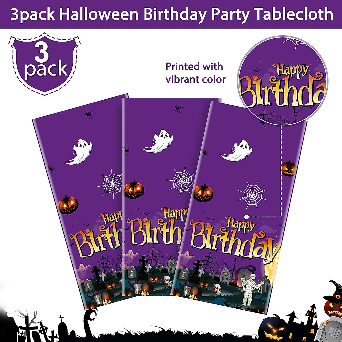 3 Pack Halloween Birthday Party Tablecloth, Happy Birthday Halloween Table Cover, Pumpkin Ghost Spooky Castle Halloween Party Supply for Boy Kids Girl, Halloween Birthday Party Decoration 108x54 Inch