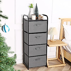 MAX Houser 4 Drawer Fabric Dresser Tall Storage Tower, Dresser Chest with Wood Top, Vertical Nightstand Side Organizer Unit with Metal Frame for Closets Bedroom Nursery Room Hallway(Leaden)