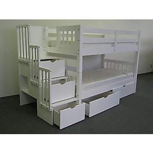 Bedz King Stairway Bunk Beds Twin over Twin with 3 Drawers in the Steps and 2 Under Bed Drawers - White