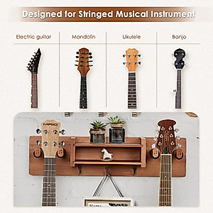 MIRIO Double Guitar Wall Mount with Shelf, Solid Wood Guitar/Ukulele Hangers with 2 Guitar Holders and Pick Holders for Wall Mount- Brown