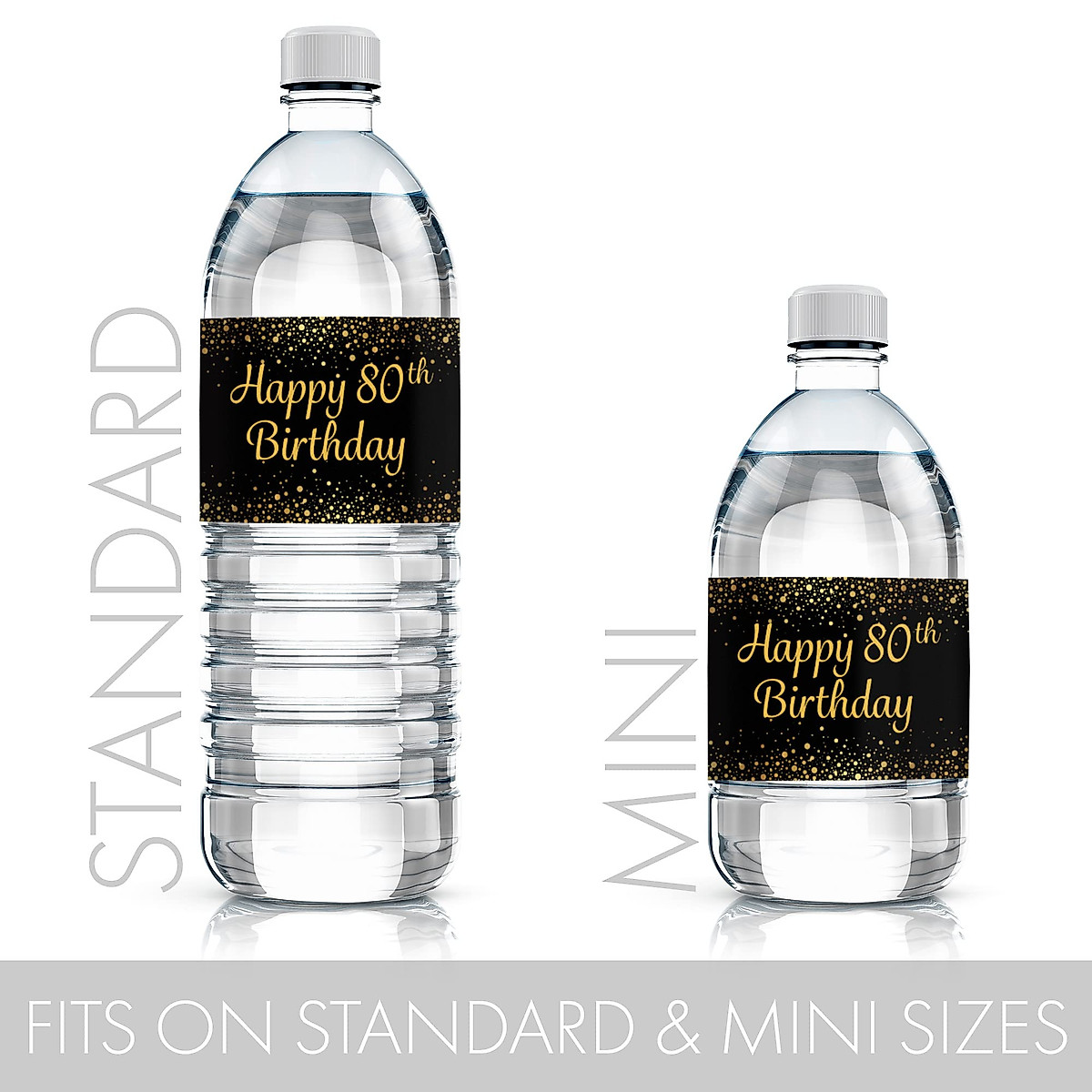 Black and Gold 80th Birthday Party Water Bottle Labels, 80th Birthday Decorations, Waterproof Stickers for Water Bottles - 24 Stickers