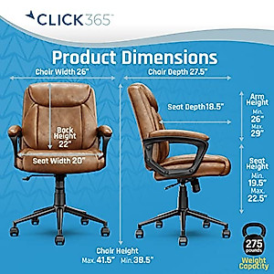 Click365 Transform 1.0 Extra Comfort Ergonomic Mid Back Desk Chair, with Padded armrests, Adjustable-Height, Tilt, Lumbar Support, Bonded Leather, Cognac
