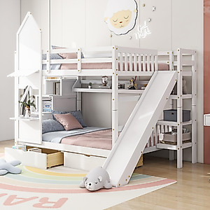 BIADNBZ Full Bunk Bed with Storage Stairs and Slide, 2 Drawers&3 Shelves, Multifunctional Wooden Low Bunkbed Frame, for Kids Teens Boys Girls Bedroom, White