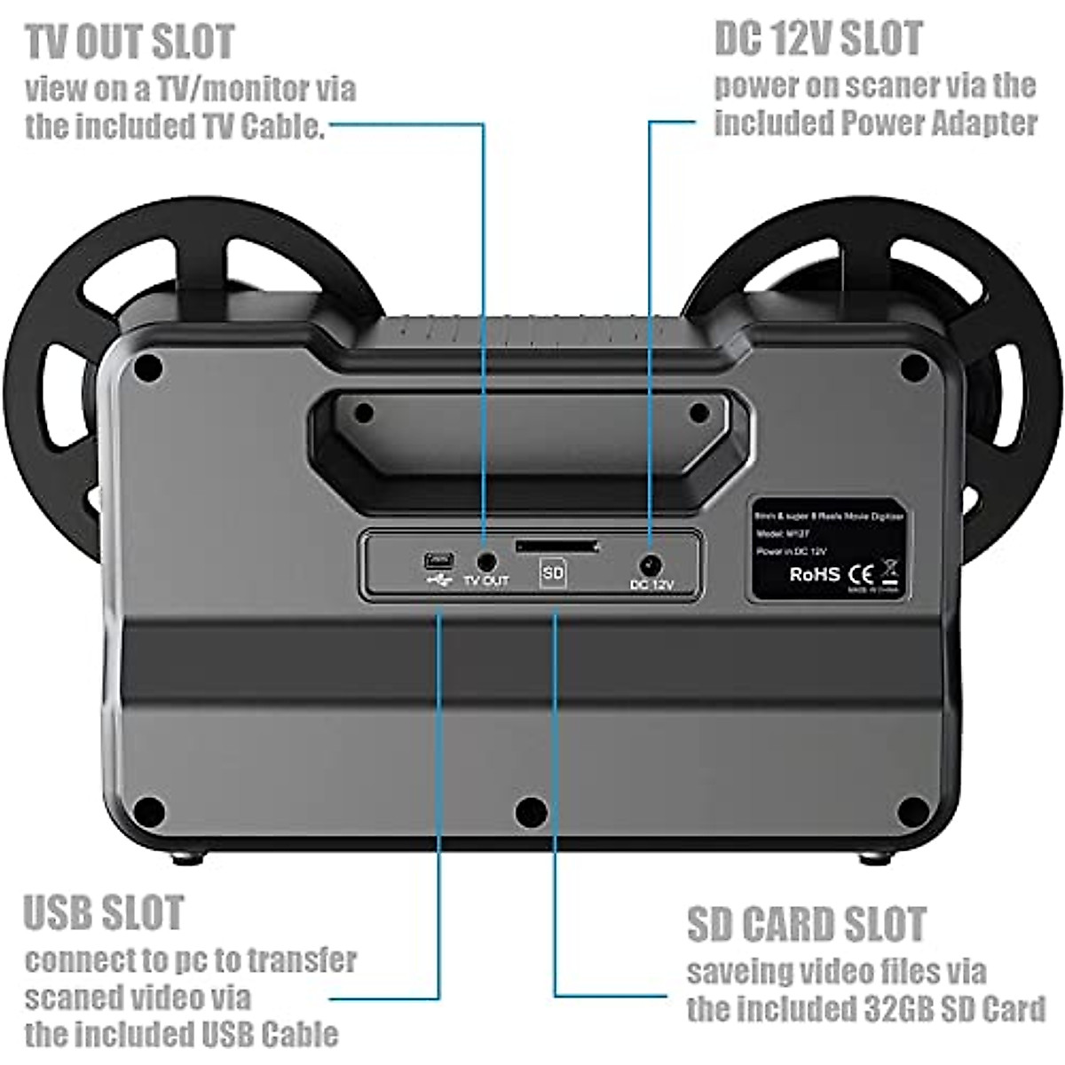 8mm & Super 8 Films Digitizer Converter, Film Scanner Converts Film Frame by Frame to Digital MP4 Files,with Vibrant 2.4" Screen, Viewing, Sharing & Saving on SD Card(Included) for 3” and 5” Reels