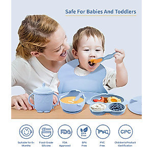 10Pcs Silicone Baby Feeding Set - Baby Led Weaning Supplies-Toddler Utensils with Baby Plates and Bowls with Suction, Bibs, Straw Cup,Baby Spoons Forks,- Ideal for Baby Self Feeding 6+ Months