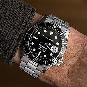 MOMENTUM Men's Aquamatic IV Automatic Dive Watch | 200M Water Resistance | Sapphire Crystal | Glass Back | SuperLuminova Luminous | Self-Winding (Black Dial | Hyper Rubber Band)