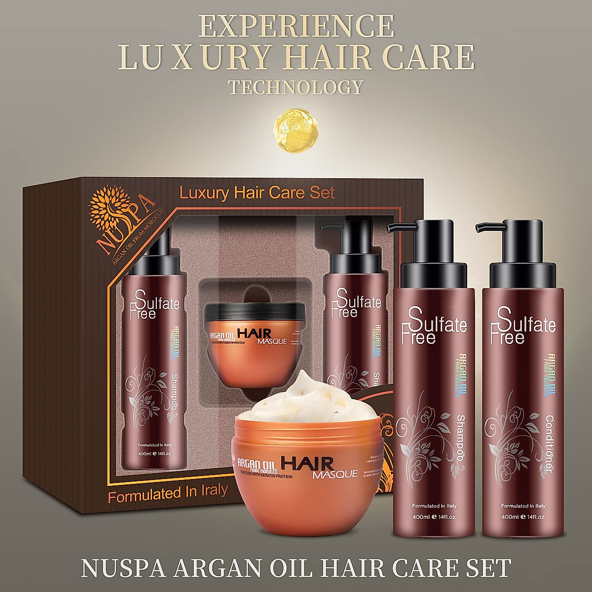 Nuspa Moroccan Argan Oil Hair Care Set - Sulfate Free for Damaged, Dry, Frizzy, Color Safe, Keratin Treated Hair with Long Lasting Shine