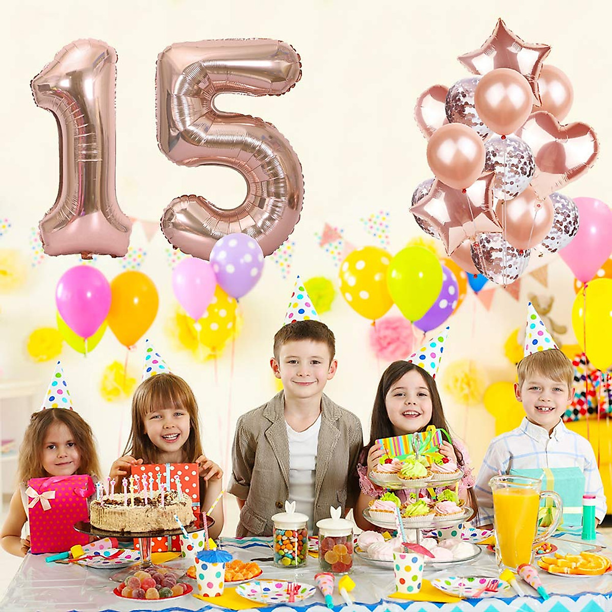 Ceqiny 40" 15th Number Balloon Mylar Balloon 18” Star Heart Foil Balloon 12” Sequins Latex Balloon for Birthday Party Wedding Bridal Shower Photo Shoot Anniversary Decor, Rose Gold 15 Balloon Kit