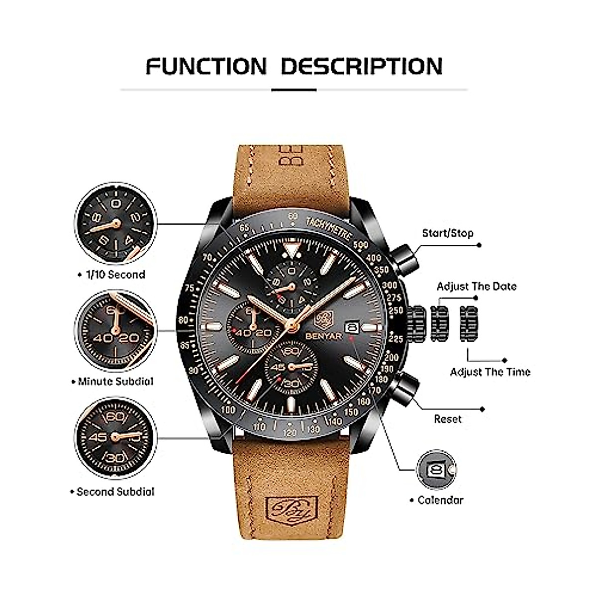 BY BENYAR Mens Watches Analog Quartz Chronograph Waterproof Luminous Watch for Men Business Work Sport Casual Fashion Brown Leather Band Dress Men's Wrist Watches Elegant Gifts for Men Father's Day