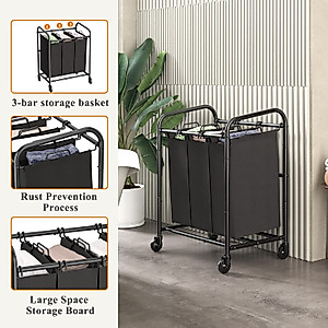 Wisdom Star 3 Bag Laundry Sorter Cart, Laundry Hamper Sorter with Heavy Duty Rolling Wheels and Removable Bags for Clothes Storage,Laundry Organizer Laundry Basket Laundry Clothes Hamper, Black