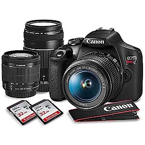 Canon T7 EOS Rebel DSLR Camera with 18-55mm and 75-300mm Lenses Kit & 32GB Dual SD Card Accessory Bundle (Renewed)
